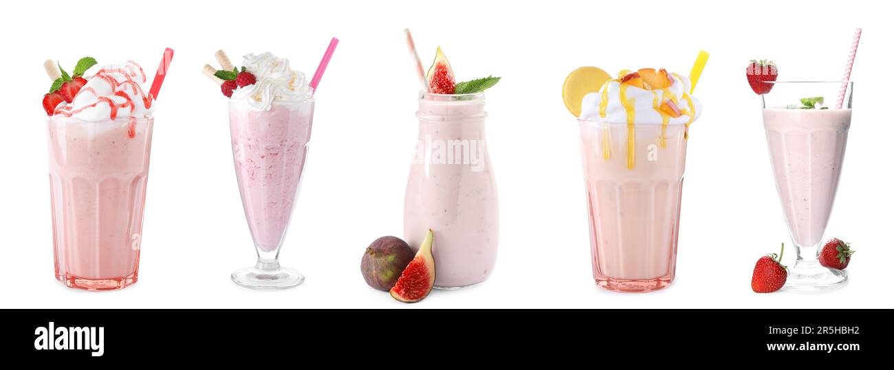 Set with different milk shakes on white background Stock Photo - Alamy