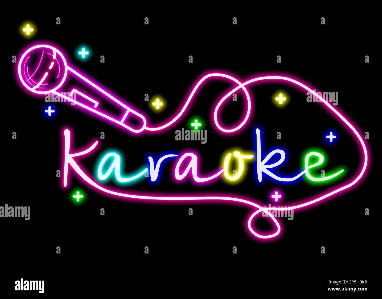 Glowing neon sign with word Karaoke and microphone on black background ...