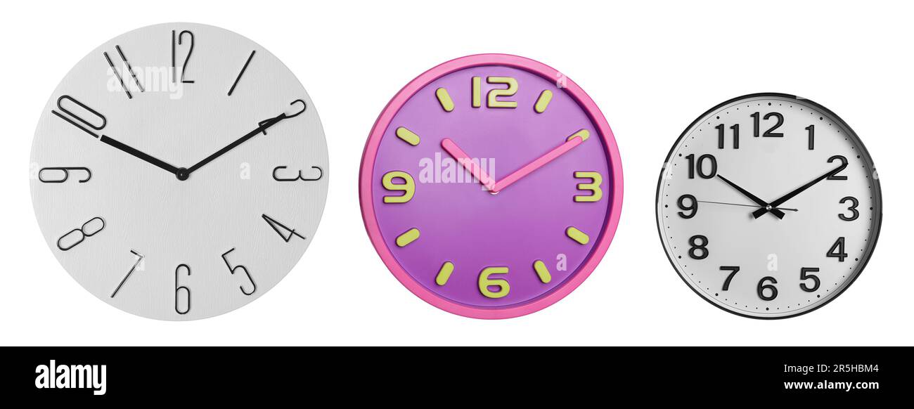 Set of stylish modern clocks on white background Stock Photo - Alamy