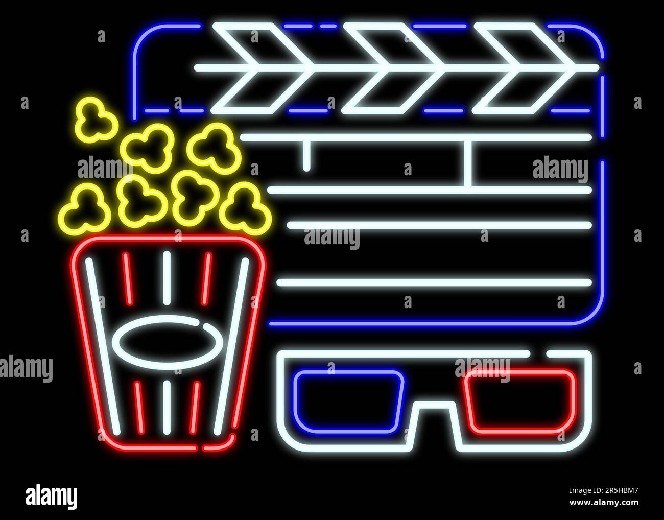Glowing neon sign with popcorn bucket, clapper and glasses on black ...