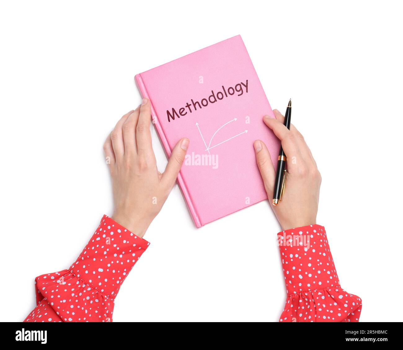 Woman holding notebook with word Methodology and chart on white ...