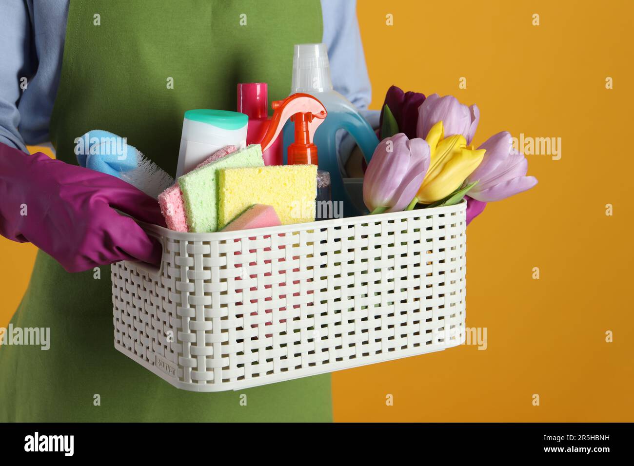 Spring cleaning. Woman holding basket with detergents, flowers and ...