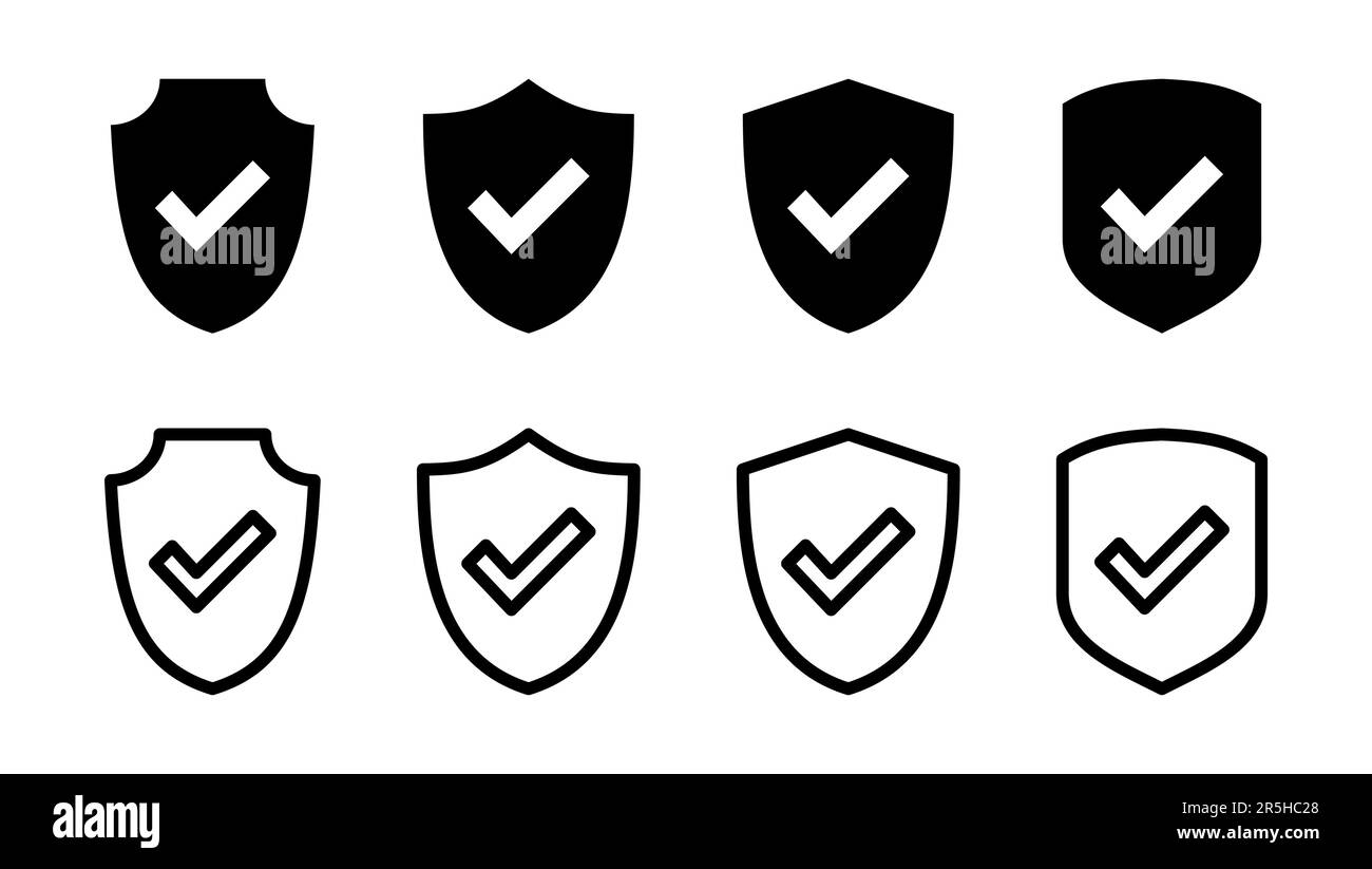 Shield check mark icon set. Protection approve sign. Safe icon vector ... Shield check mark icon set. Protection approve sign. Safe icon vector ...