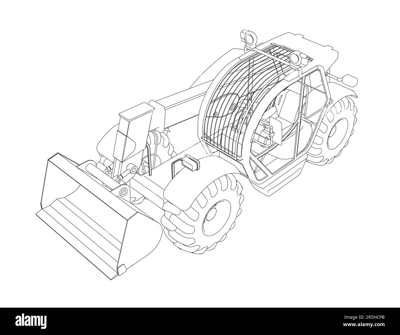Excavator outline from black lines isolated on white background. Detailed tractor. Isometric ...