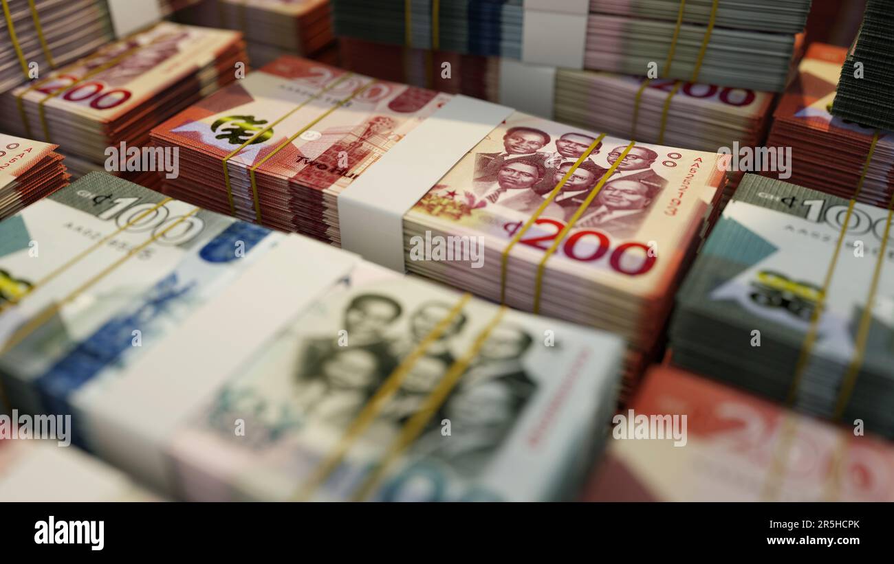 close up of stacks of Ghanaian cedi notes. 3d rendering on bundles of ...