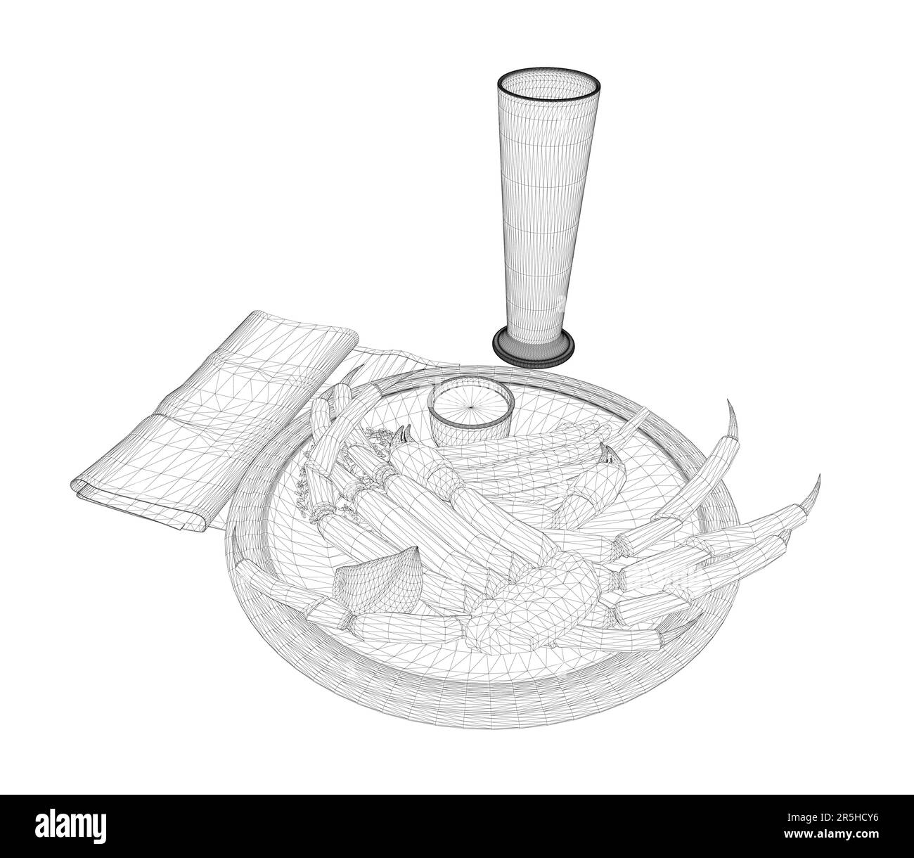 Dish wireframe with crab on a platter, a napkin and a glass from black ...