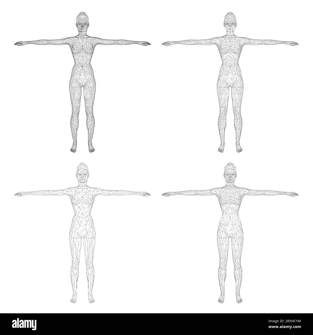 Set with a wireframe of a girl with arms raised to the sides from black ...