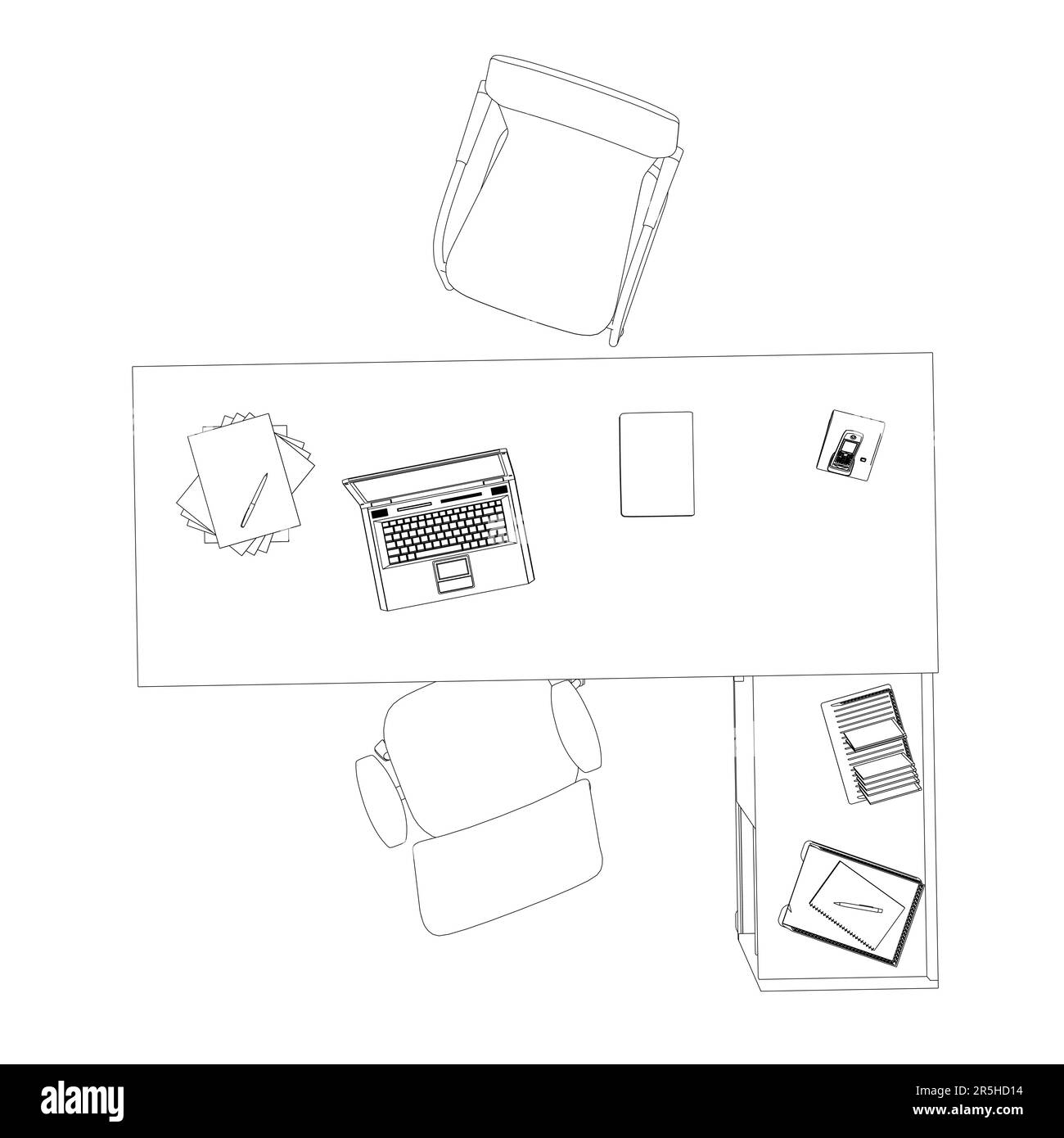 The contour of the office table, chairs, laptop, cabinets and other ...