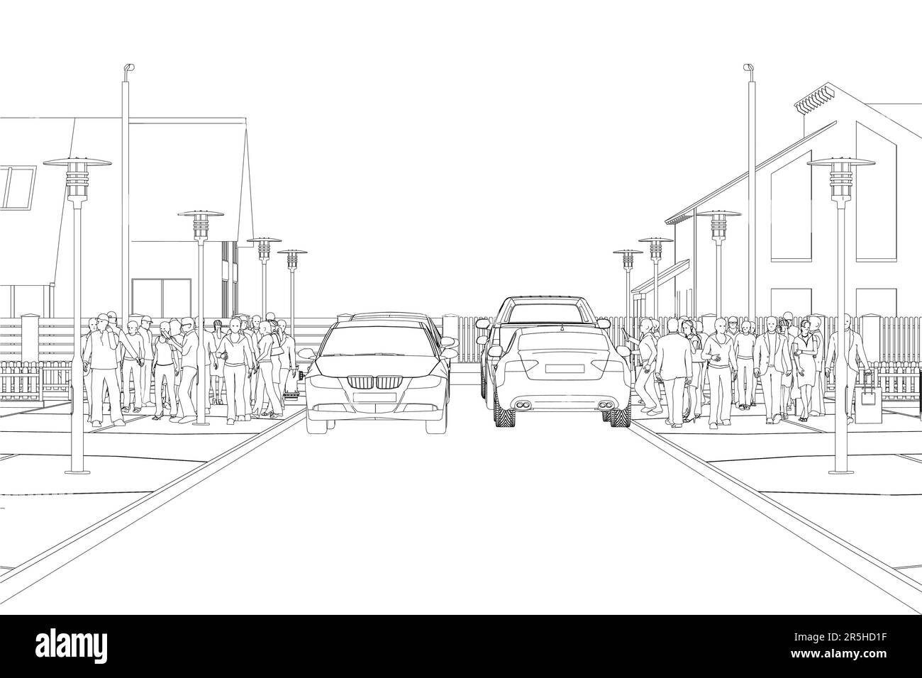 Outline of a busy street with people and cars from black lines isolated on a white background ...