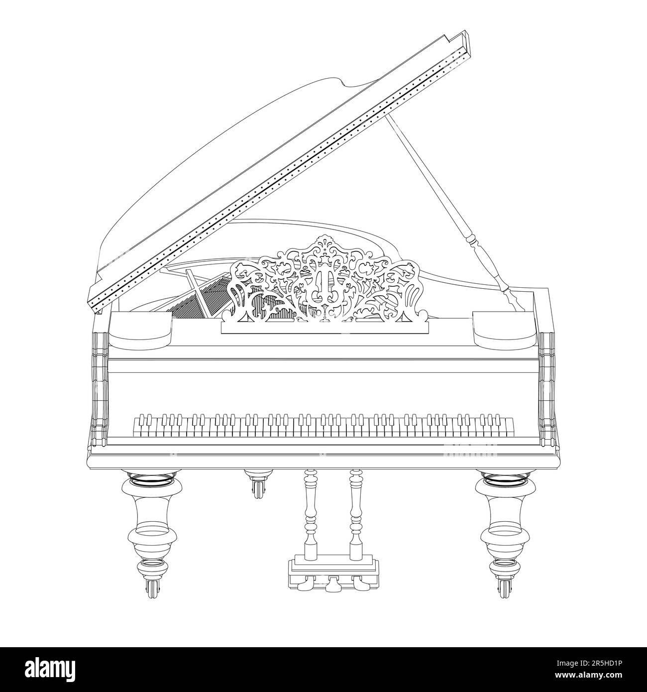 Outline of a vintage grand piano from black lines isolated on a white ...