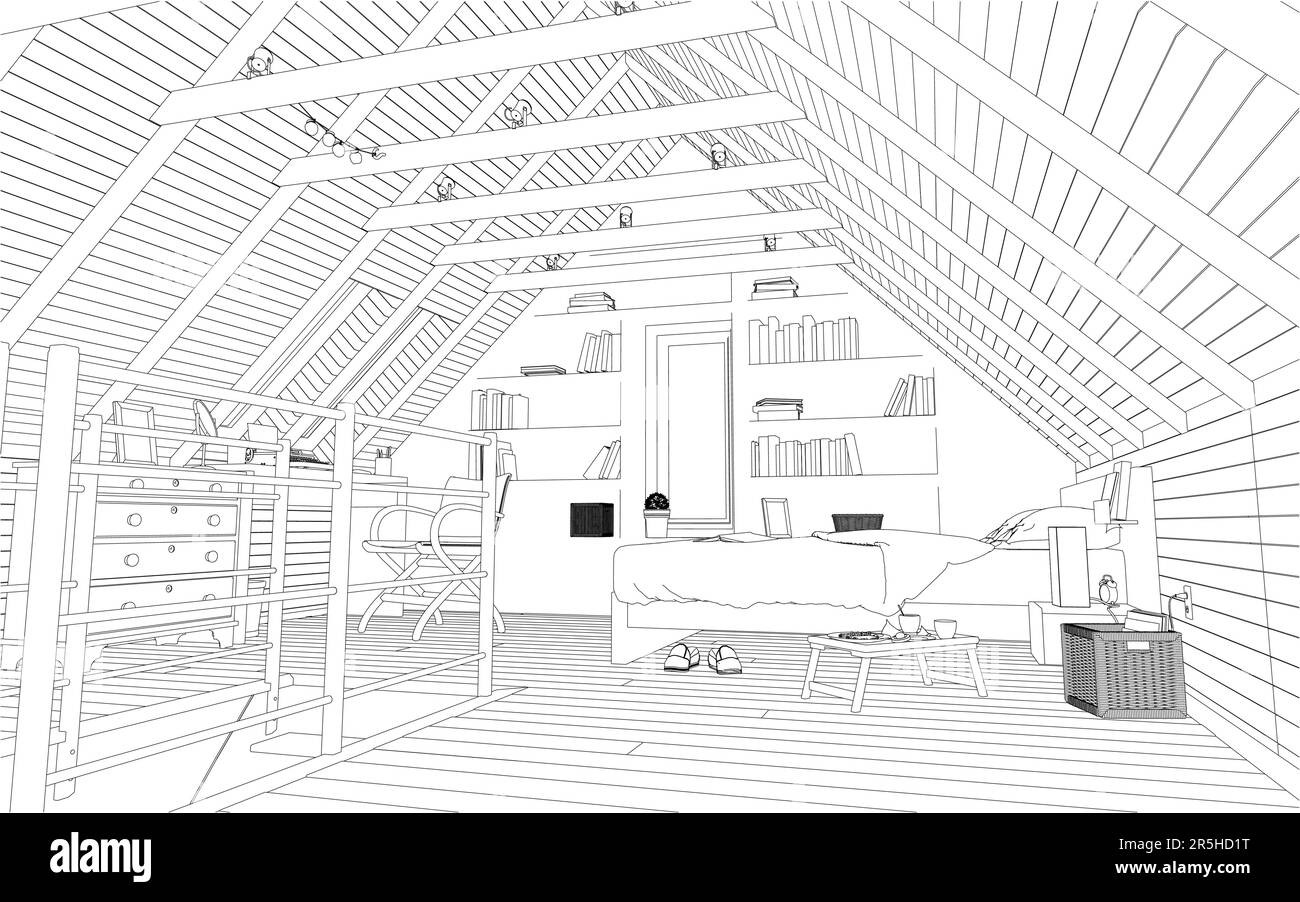 Contour of the interior of the bedroom in the roof of the house from ...