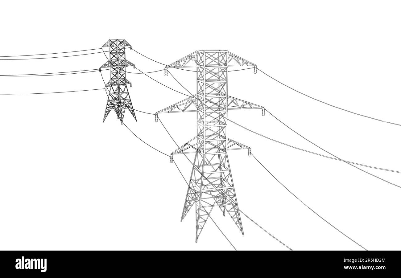 Outline of power line towers from black lines isolated on white background. 3D. Vector ...