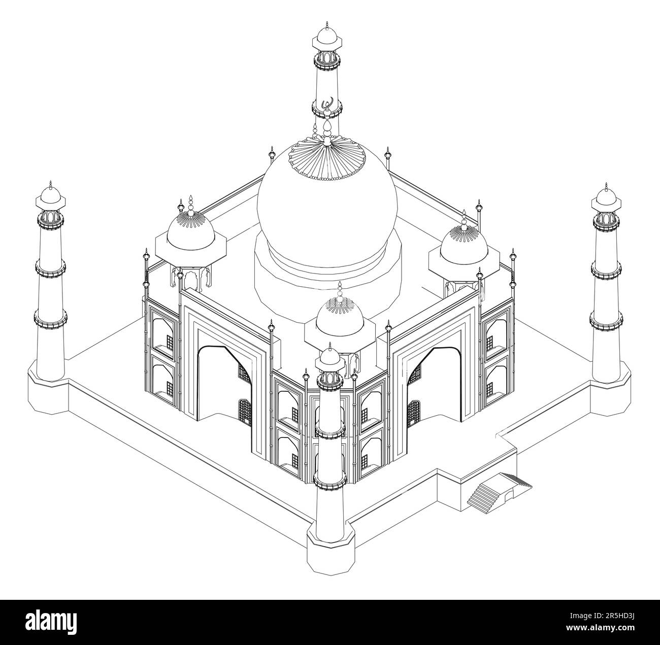Outline of the Taj Mahal temple from black lines isolated on a white background. Isometric view ...