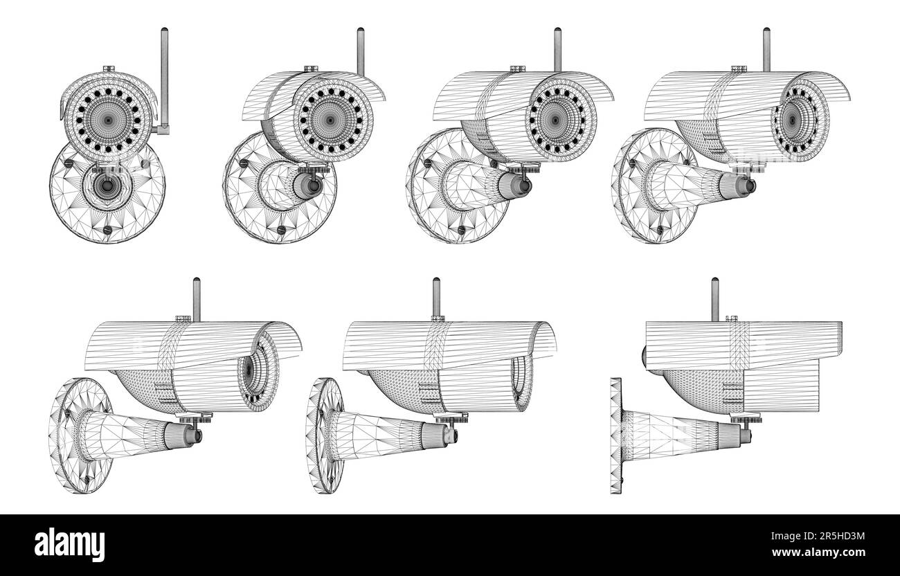 Set With Cctv Camera Wireframe In Different Positions From Black Lines Isolated On White