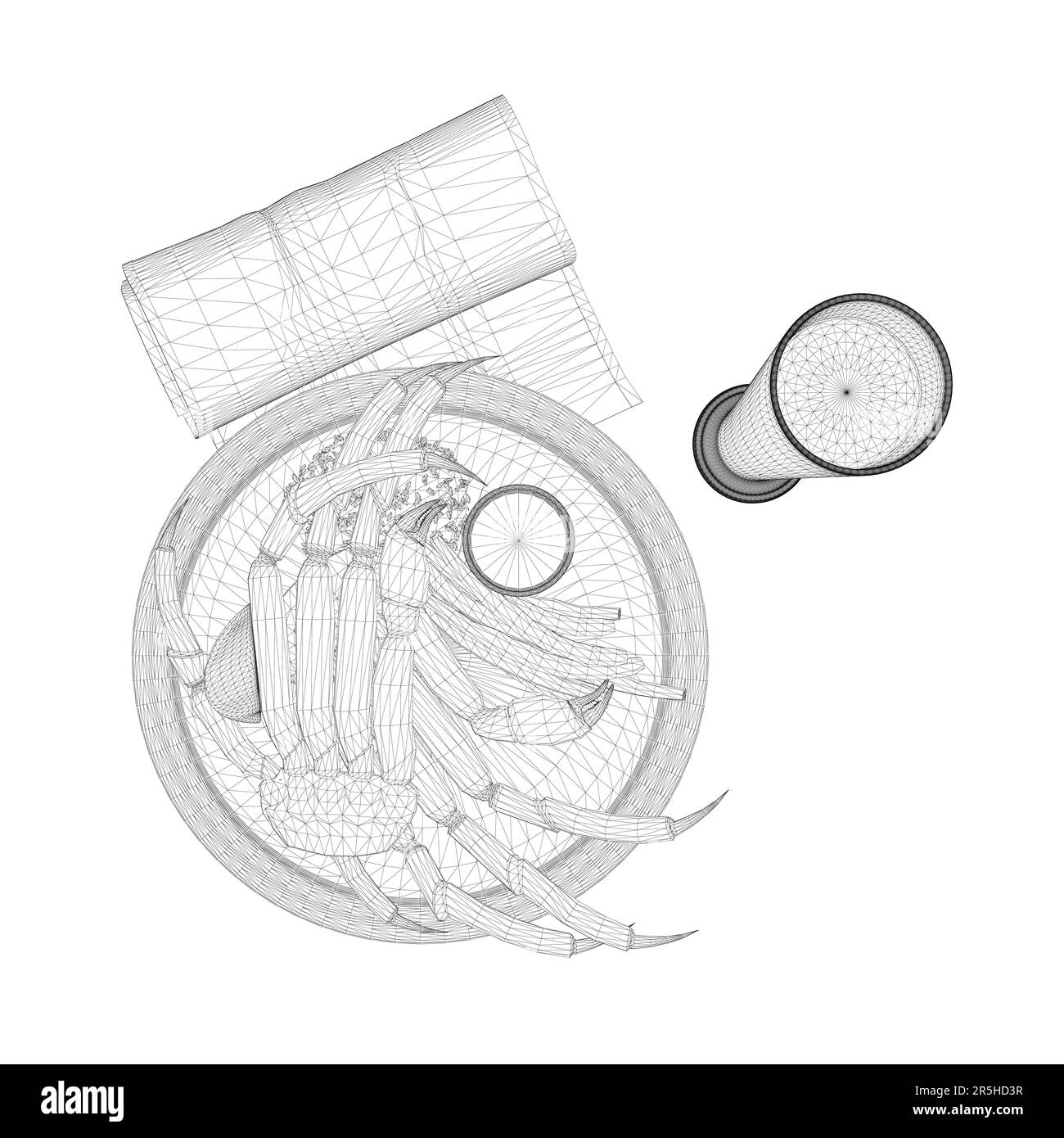 Dish wireframe with crab on a platter, a napkin and a glass from black ...