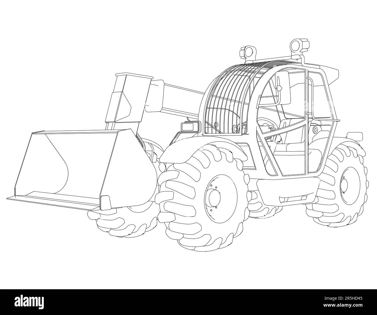 Excavator outline from black lines isolated on white background. Detailed tractor. Front view ...