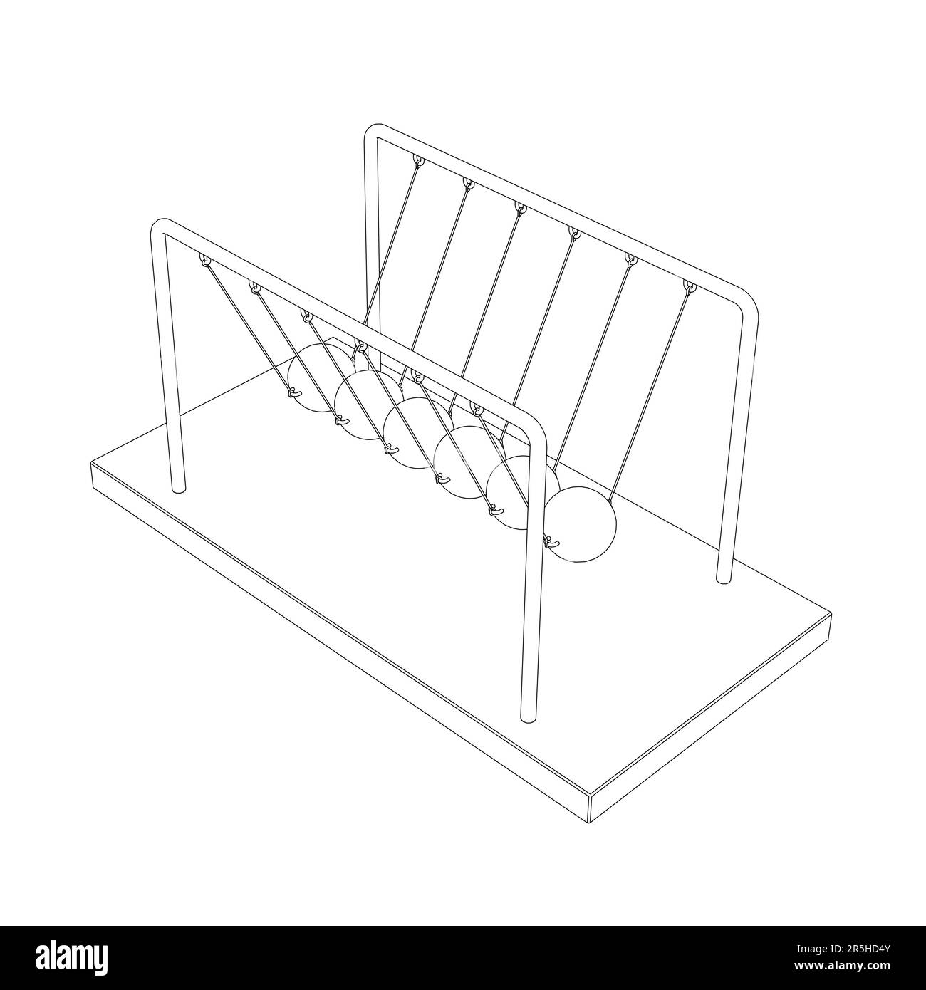 Outline of Newton's kinetic pendulum from black lines isolated on white background. Isometric ...