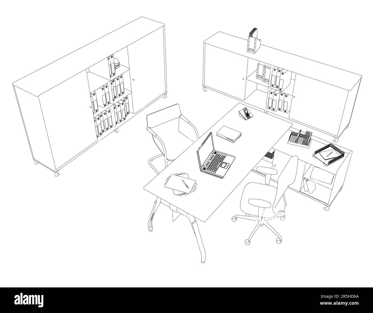 The contour of the office table, chairs, laptop, cabinets and other ...