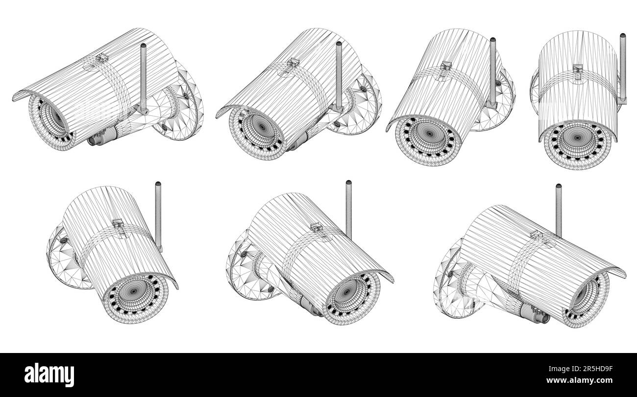 Set with cctv camera wireframe in different positions from black lines ...