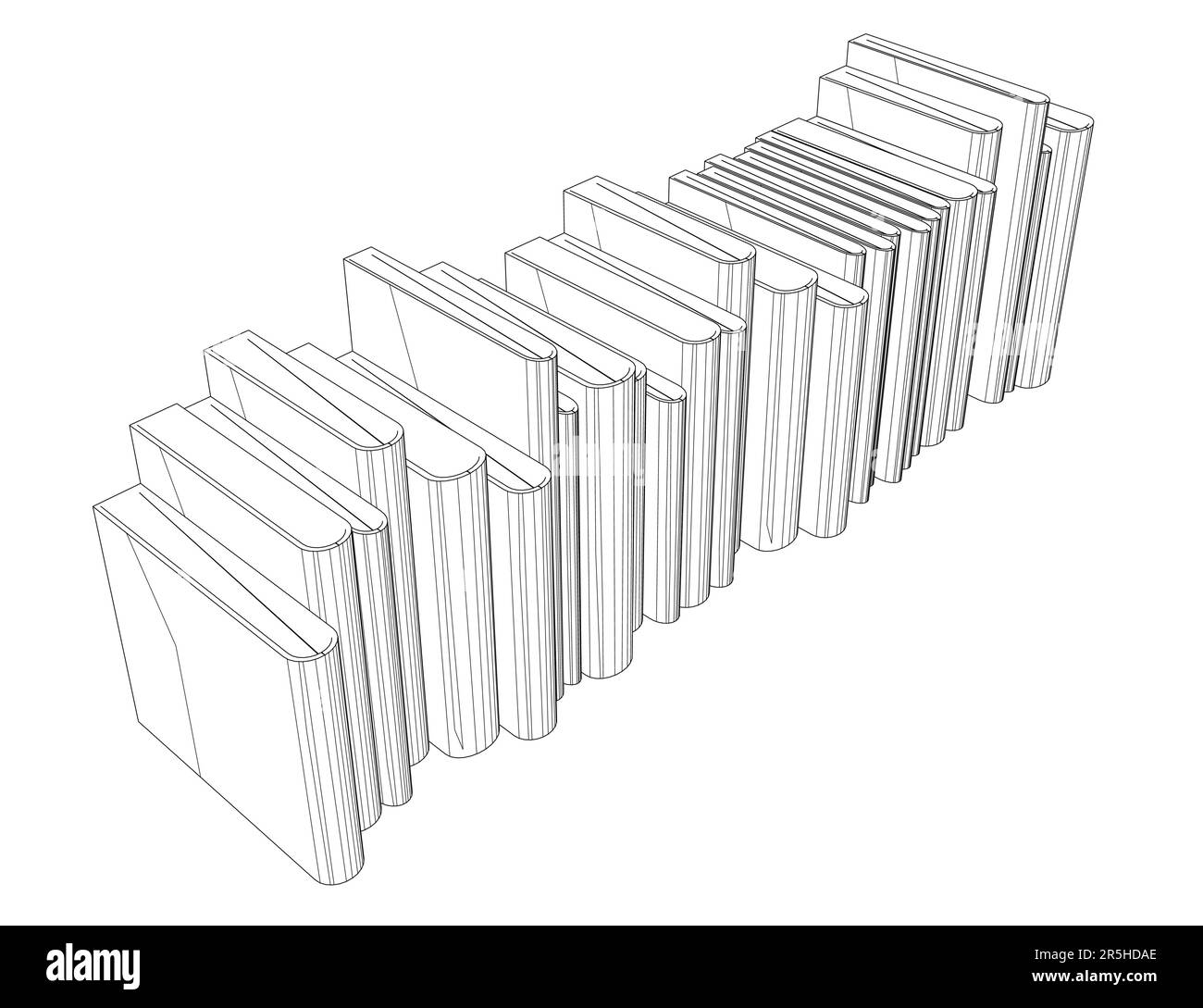 Outline of a stack of books from black lines isolated on a white background. Isometric view ...