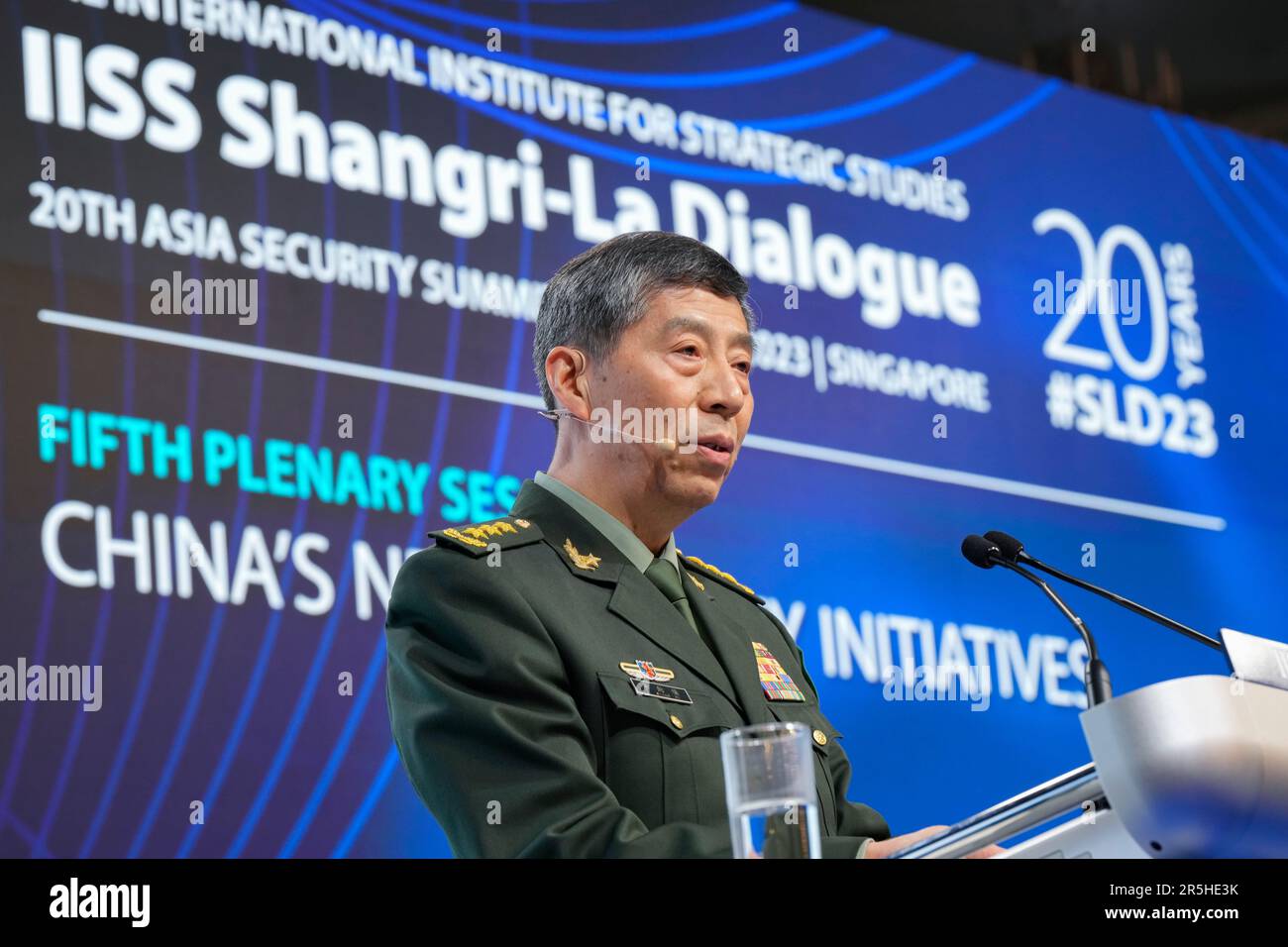 Chinese Defense Minister Gen. Li Shangfu delivers his speech on the ...