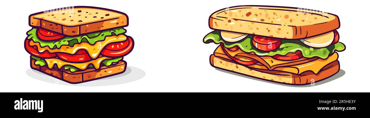 Set of delicious juicy sandwiches filled with vegetables, cheese, meat ...