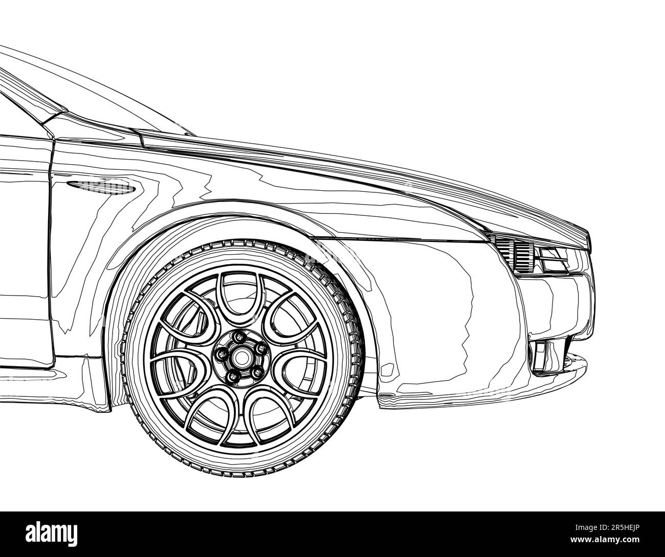 The Contour Of The Front Of The Car From Black Lines Isolated On A White Background Side View