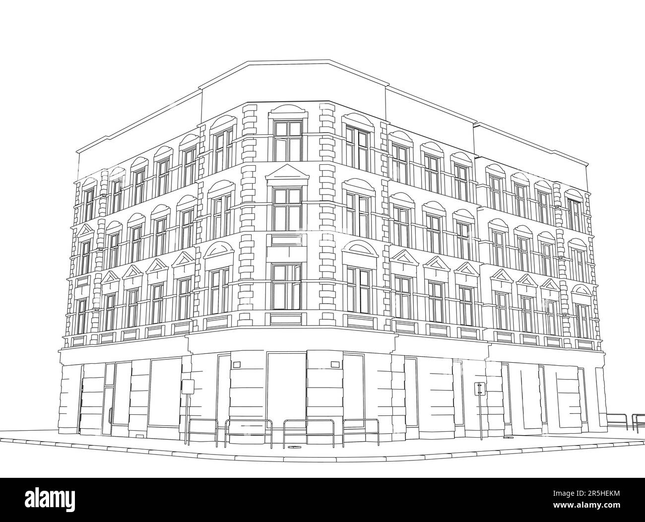 Outline of a four-story building from black lines isolated on a white ...