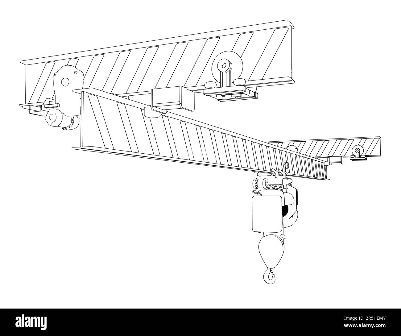 Outline of a mobile crane from black lines isolated on a white background. Perspective view. 3D ...