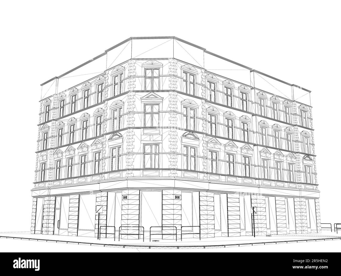 Wireframe of a four-story building from black lines isolated on a white ...