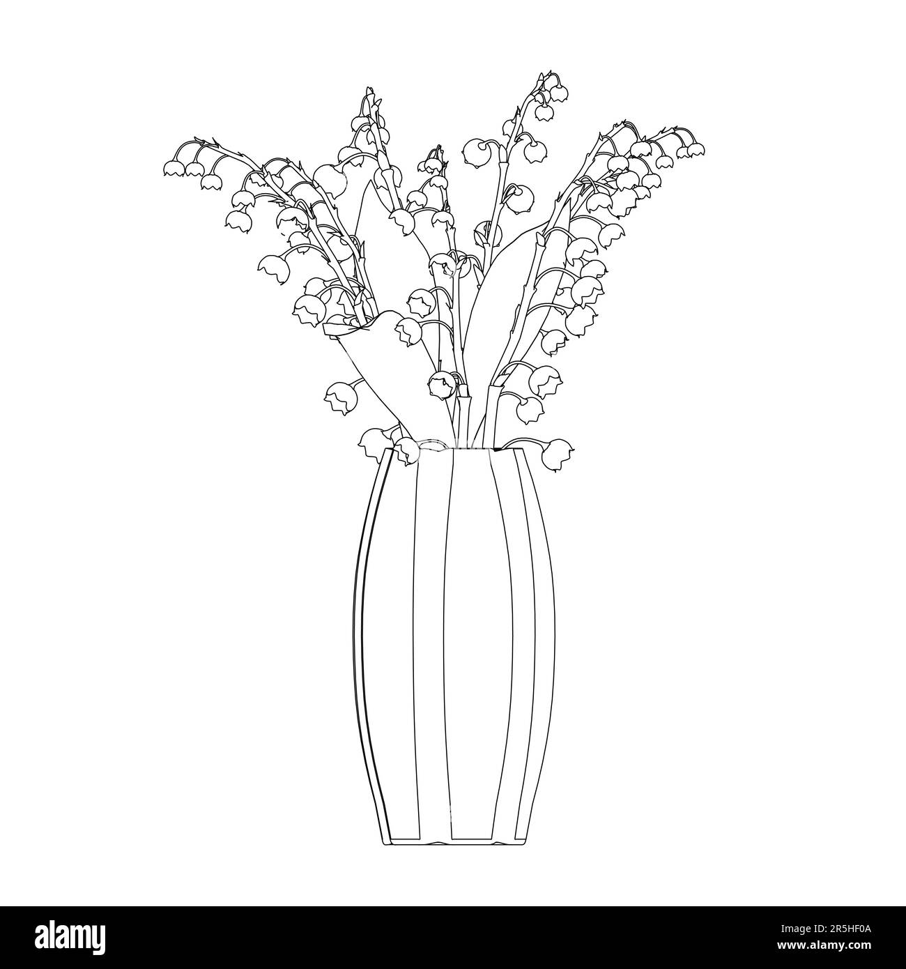Outline of lilies of the valley in a vase from black lines isolated on ...