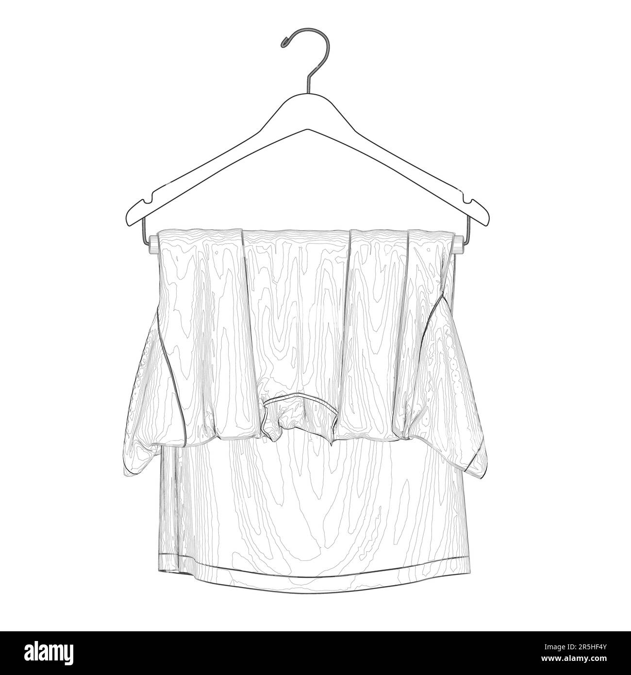 Outline of a T-shirt hanging on a hanger from black lines isolated on a white background. Front ...