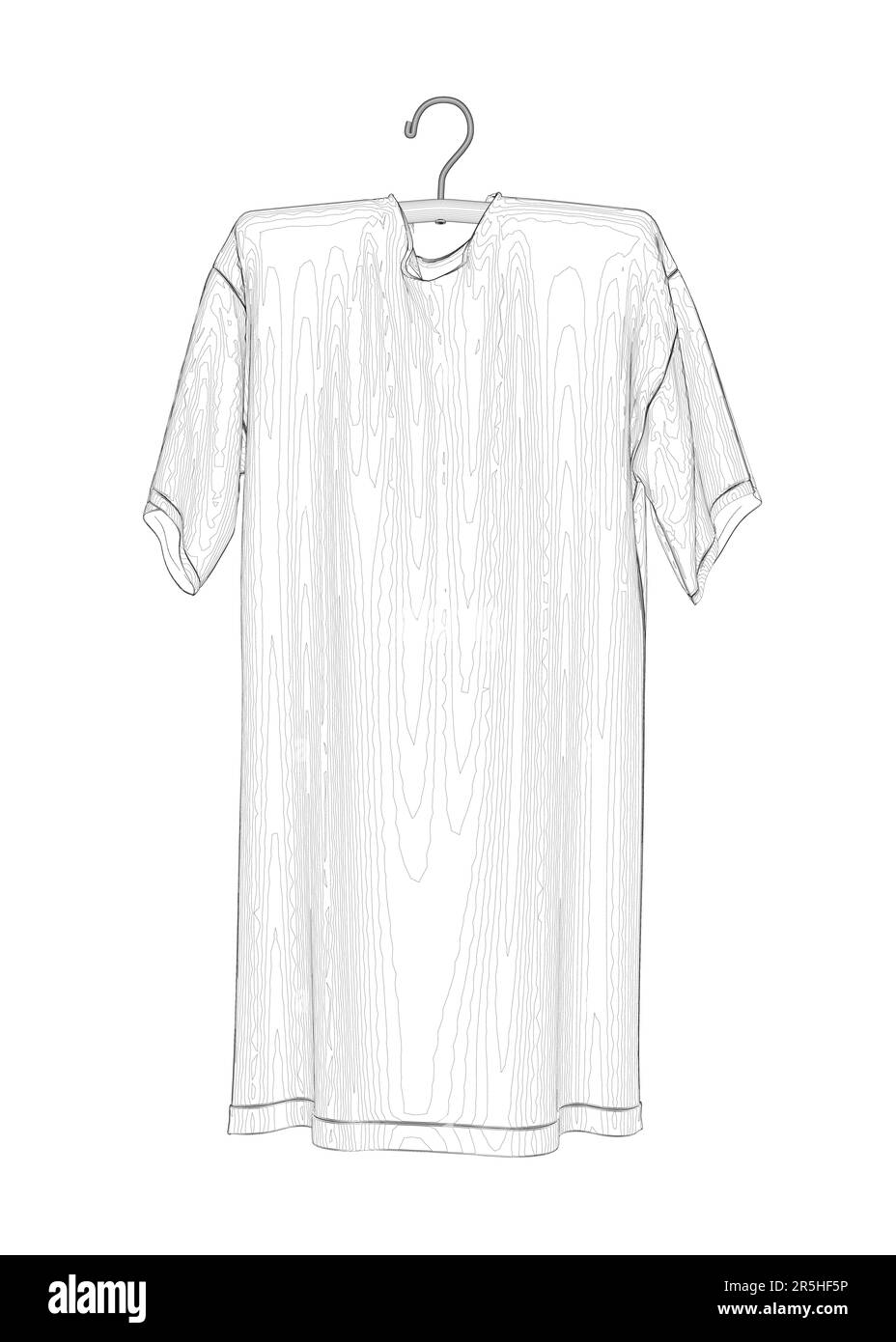Outline of a T-shirt hanging on a hanger from black lines isolated on a white background. Front ...