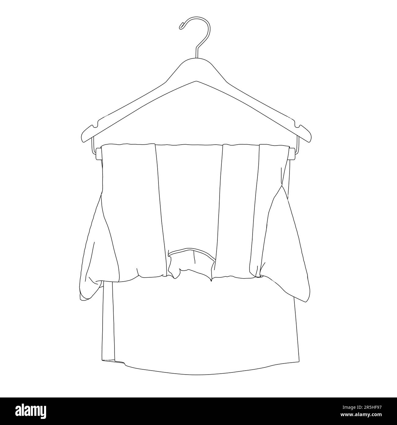 Outline of a T-shirt hanging on a hanger from black lines isolated on a white background. Front ...