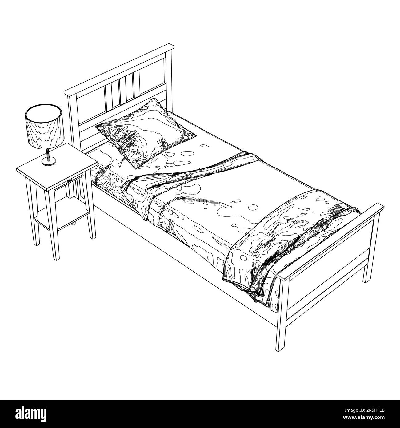 Outline of a bed with a blanket and a pillow with a bedside table with ...