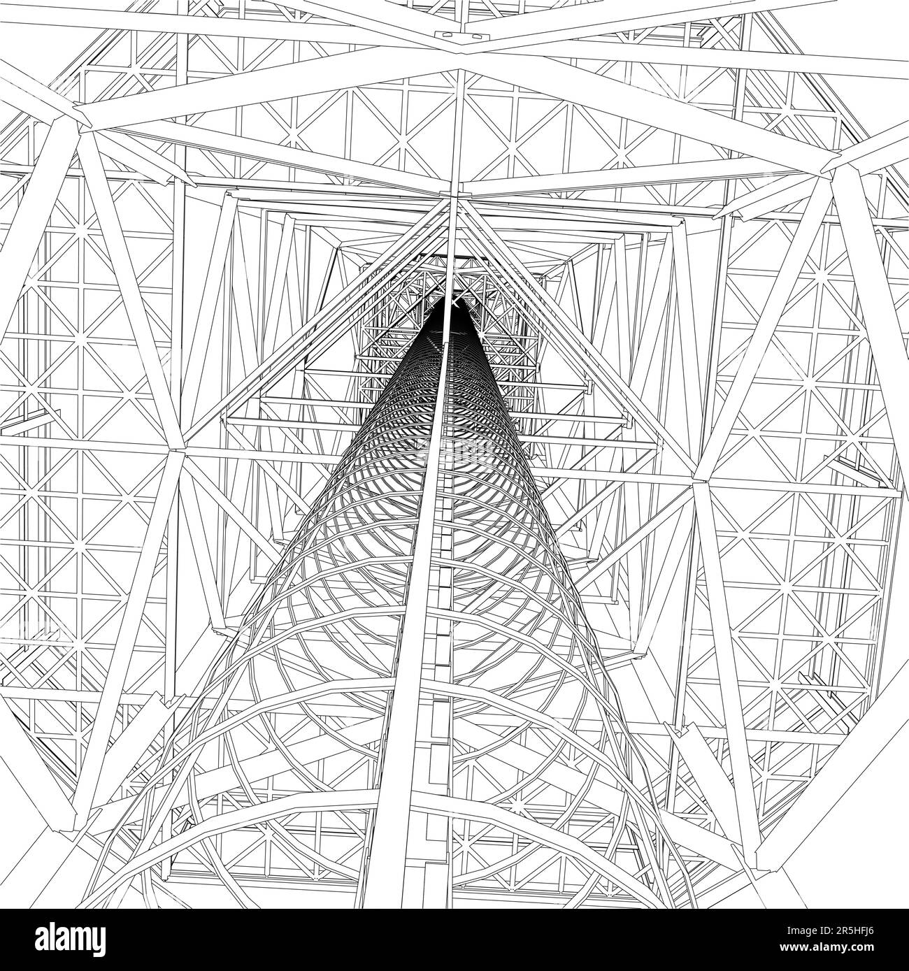 Outline of a high tower for communications from black lines isolated on a white background. View ...