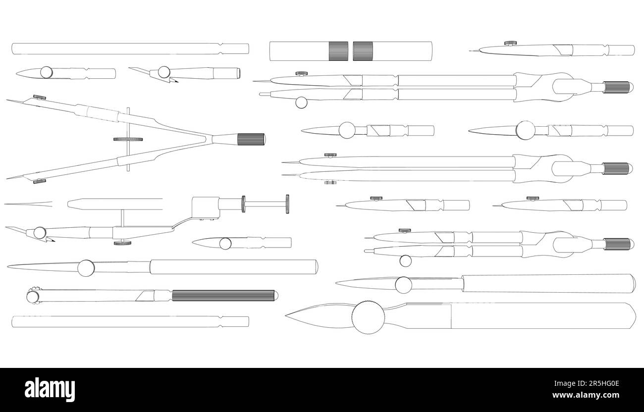 Set with contours of measuring instruments, compasses from black lines ...