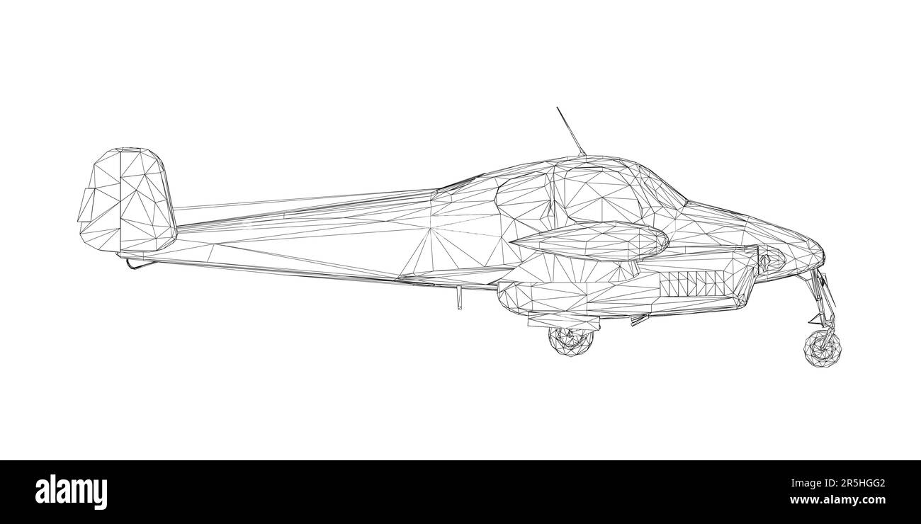 Airplane Wireframe With Propeller From Black Lines Isolated On White Background Side View 3d