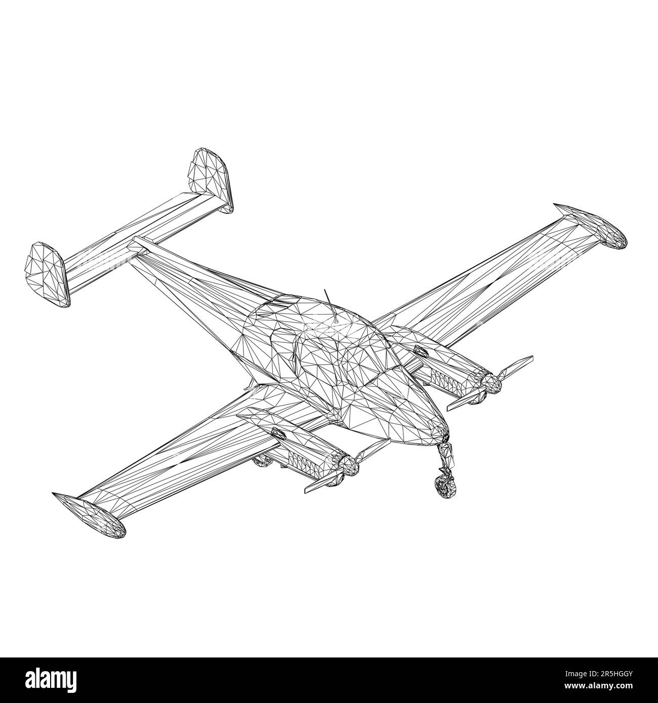 Airplane Wireframe With Propeller From Black Lines Isolated On White Background Isometric View