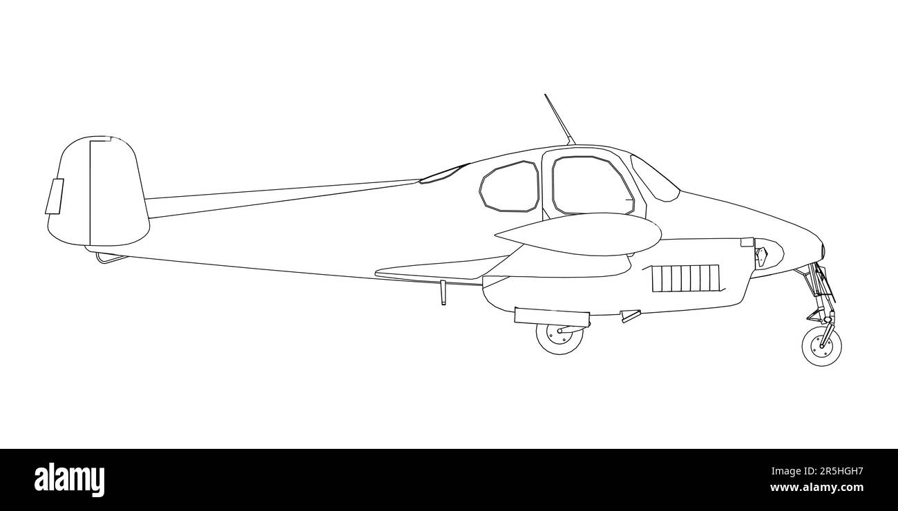 Outline Of An Airplane With A Propeller From Black Lines Isolated On A White Background Side