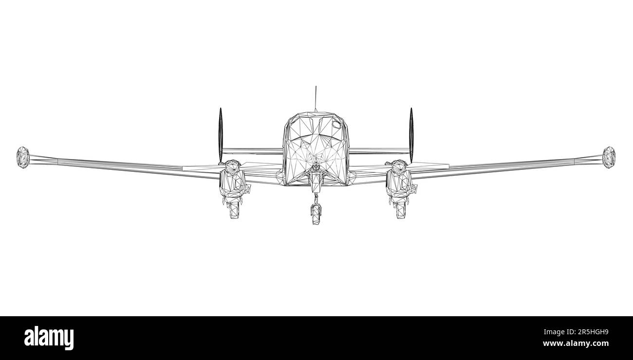 Airplane Wireframe With Propeller From Black Lines Isolated On White Background Front View 3d