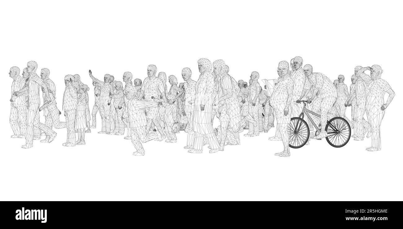 Polygonal crowd wireframe with different people from black lines ...