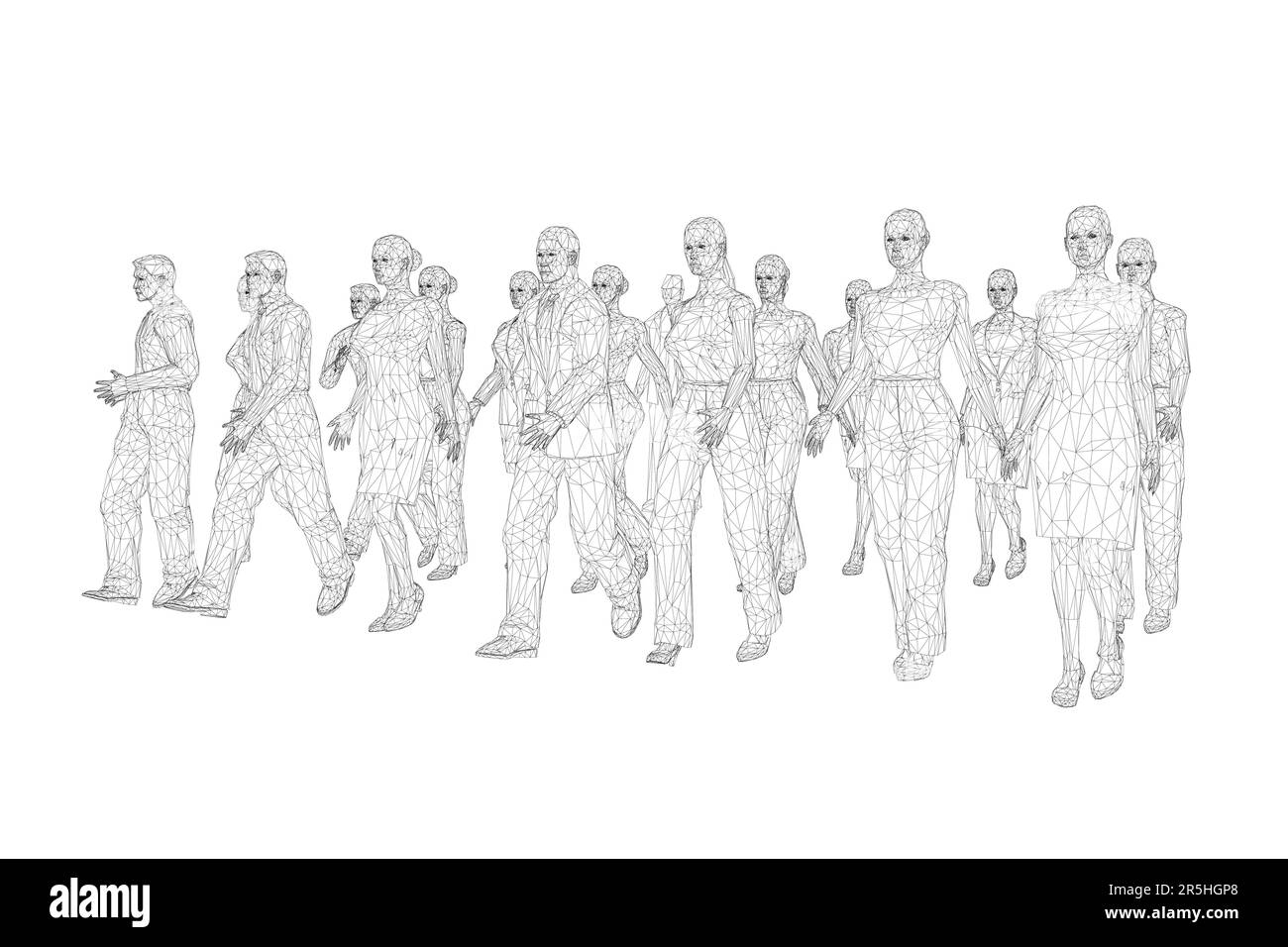 Wireframe of crowd of walking people from black lines isolated on white ...