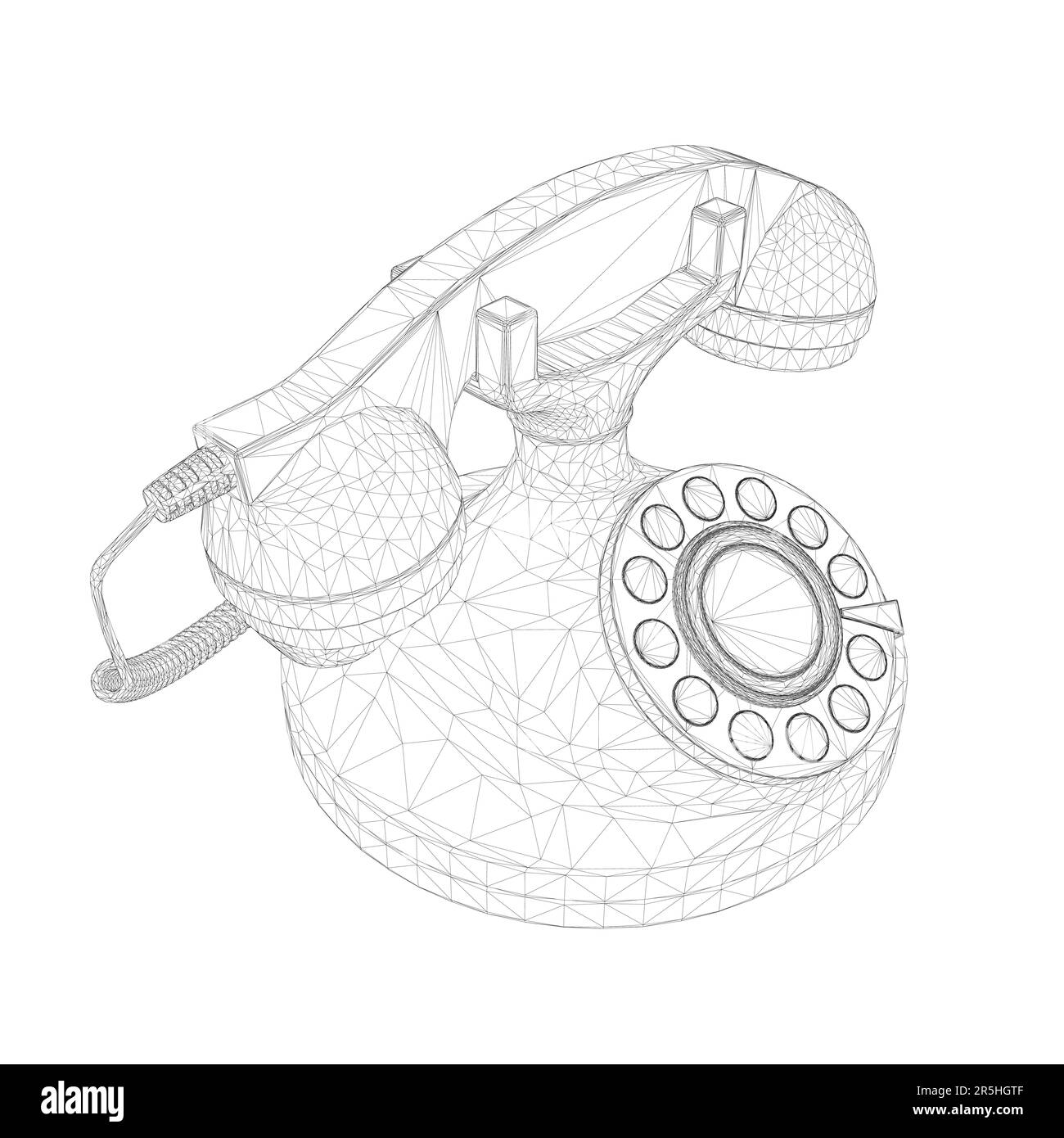 Wireframe Of An Old Wired Telephone From Black Lines Isolated On A White Background Isometric