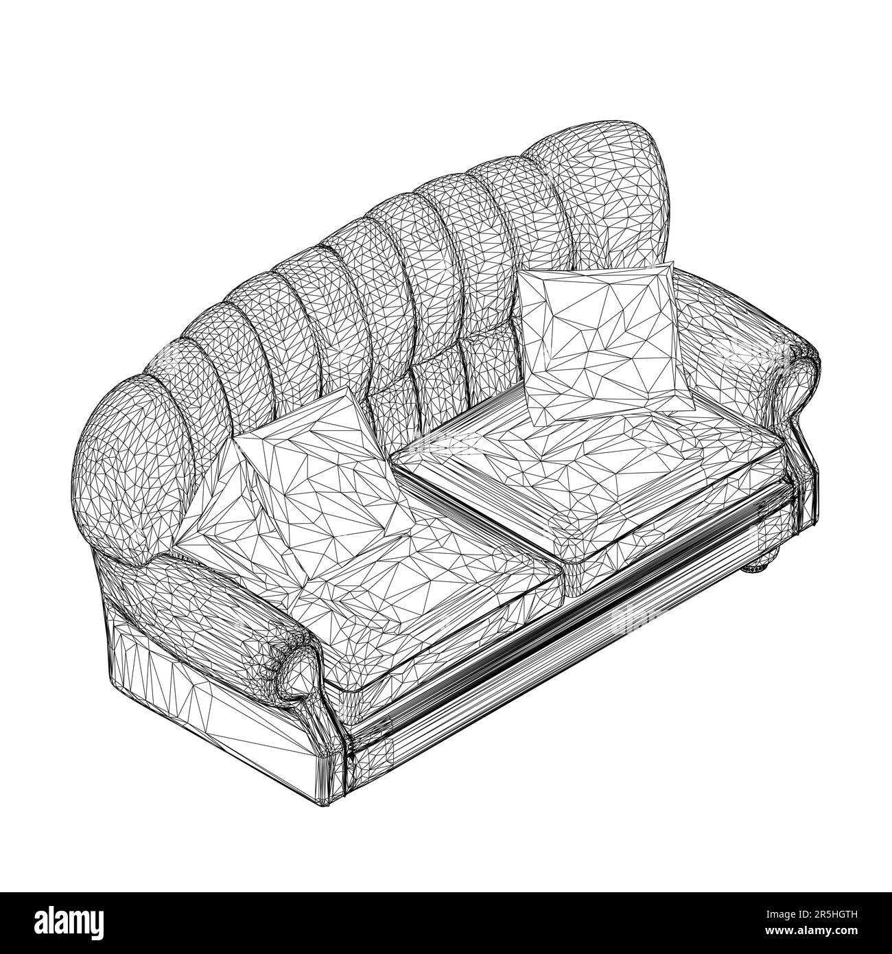 Sofa wireframe with black line pillows isolated on white background. Isometric view. 3D. Vector ...
