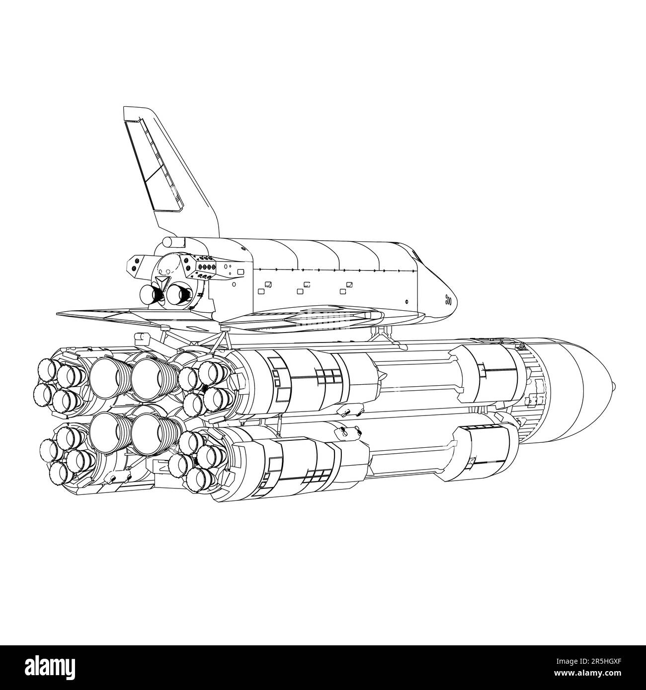 Outline of a rocket with a spaceship from black lines isolated on a ...