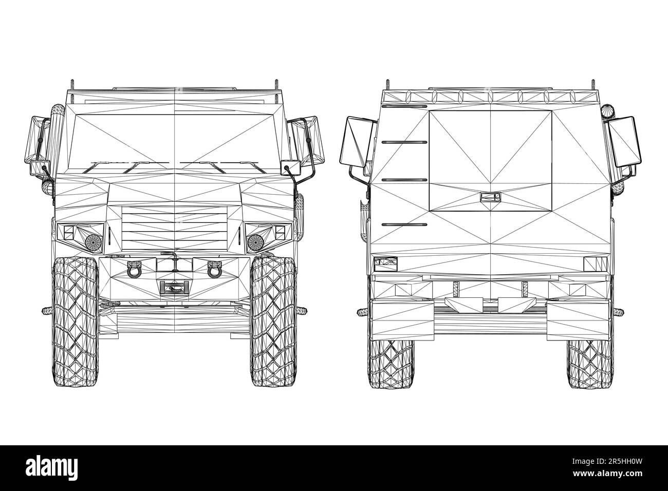 Black line combat jeep wireframe isolated on white background. Front, back view. 3D. Vector ...