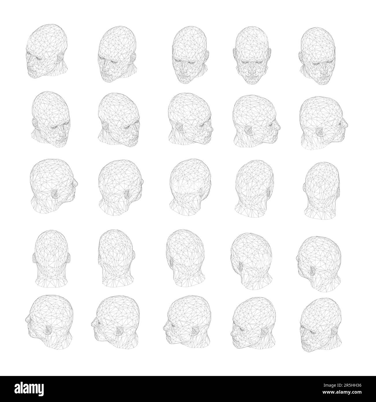Set with a skeleton of a man's head in different positions from black ...
