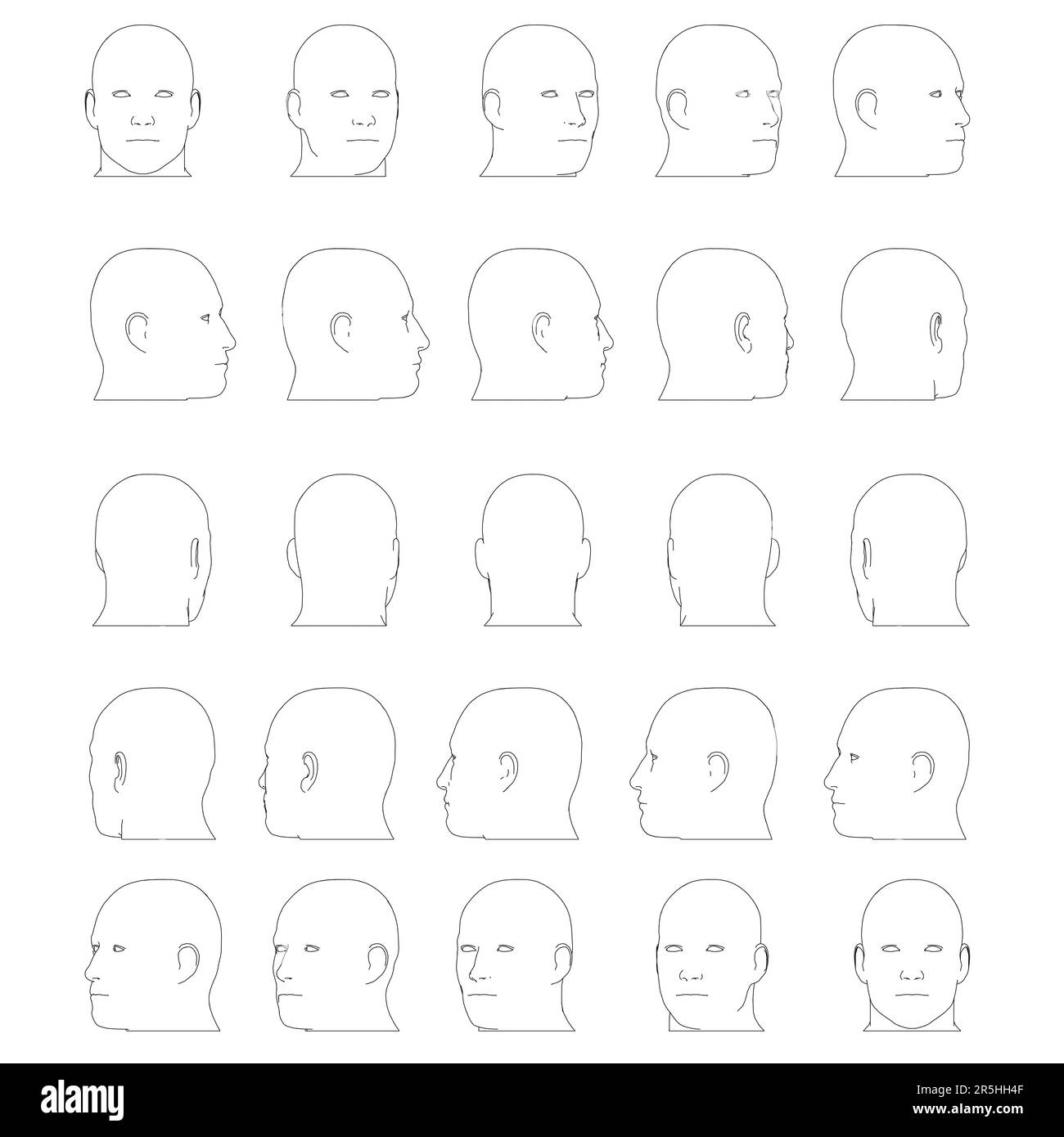 Set with contours of a man's head in different positions from black ...