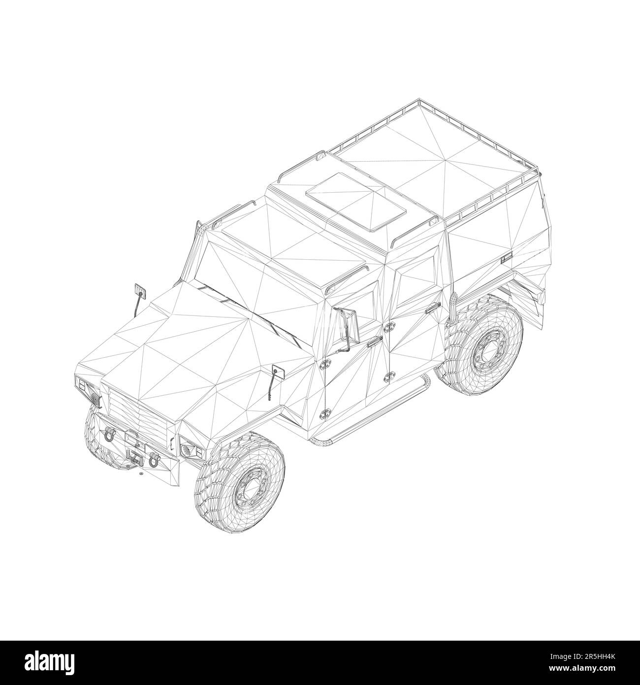 Black line combat jeep wireframe isolated on white background. Isometric view. 3D. Vector ...